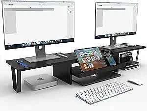 LARGE DUAL MONITOR Stand Riser With Drawer,Solid Wood Desk Shelf Dark ...