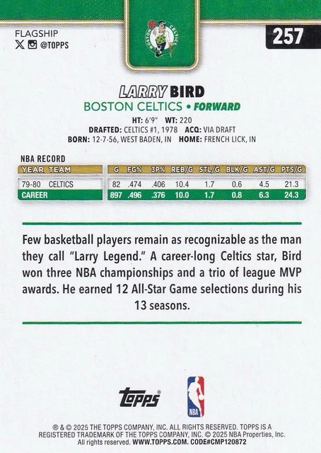 2025-26 TOPPS FLAGSHIP Larry Bird Base $0.99 - PicClick AU