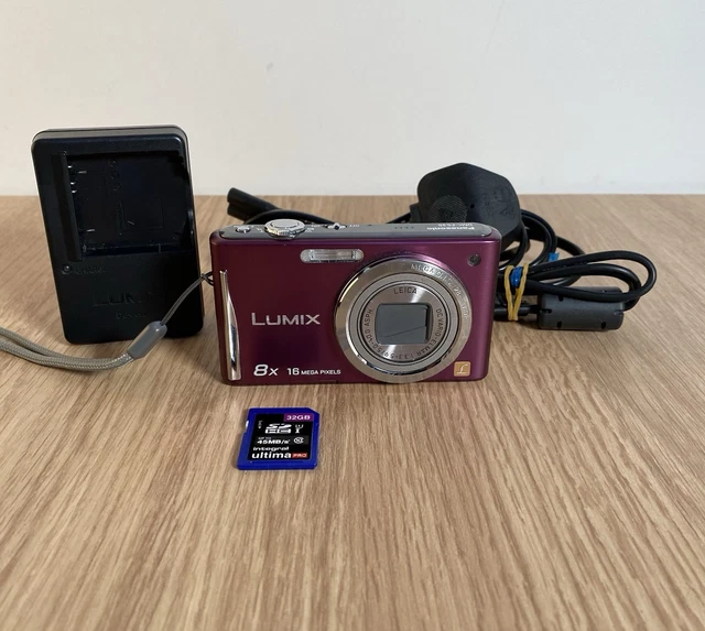 PANASONIC DMC-FS35 16.1MP Digital Compact Camera 8x Zoom Purple & 32GB ...