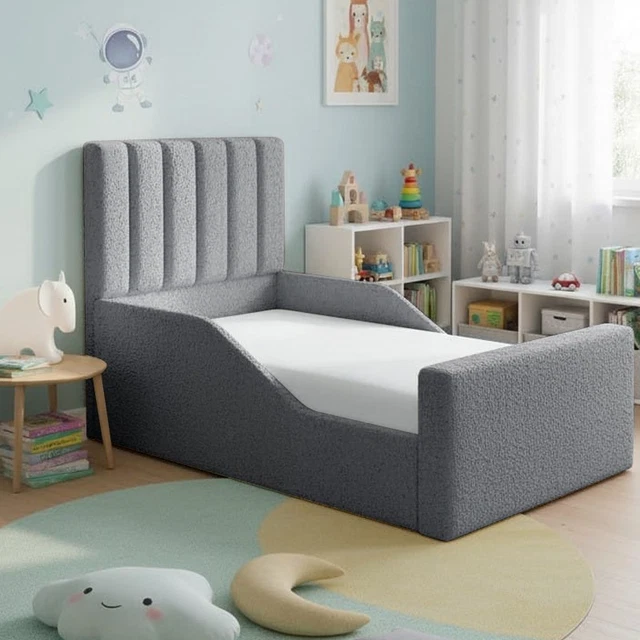KIDS BED TODDLER Single Upholstered Bed Frame with Safety Side Rails ...
