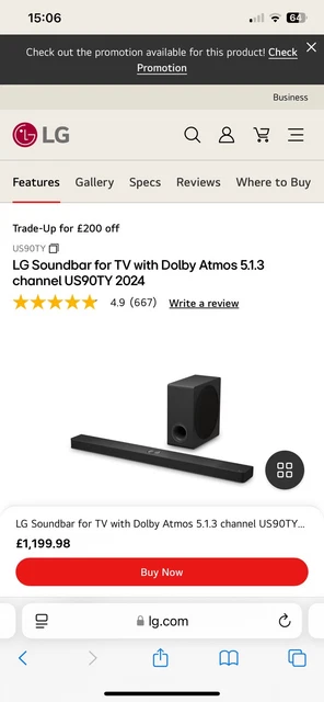 BRAND NEW LG US90TY 5.1.3ch Soundbar and Subwoofer with Dolby Amos £353 ...