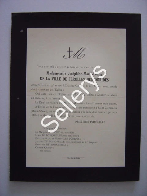 FAIRE PART DE décès Joséphine Marie Louise de la Ville de Férolles des Dorides EUR 24,90 ...