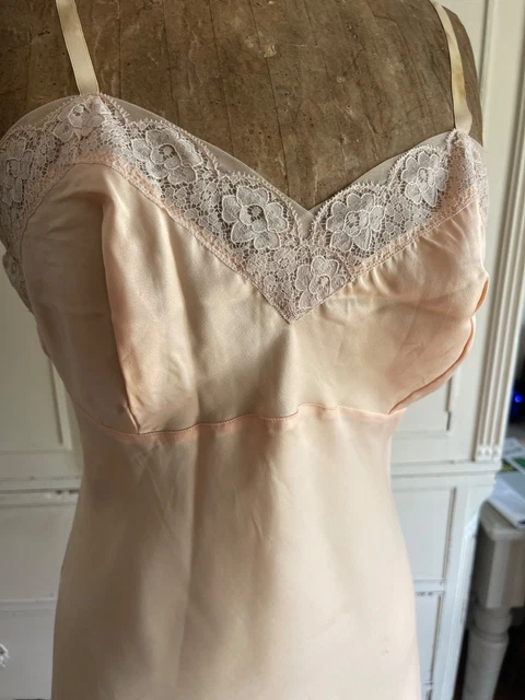 VINTAGE 1940S PEACH Liquid Satin Slip Dress Lace Ruffle Coquette Silk ...