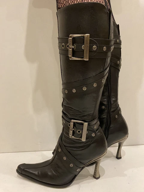 STUNNING NEW ROCK Black Leather Knee High Boots UK4 EU37 Whitby Goth ...