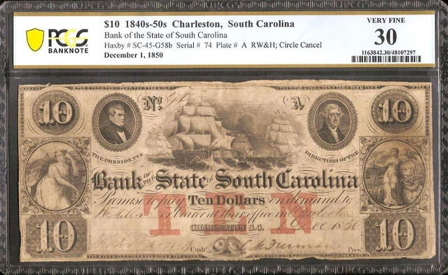 1850 $10 BILL South Carolina Bank Note Large Currency Old Paper Money ...