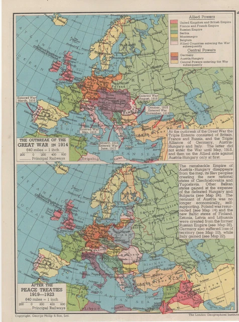 VINTAGE MAP 1941 WW2 Outbreak Of Great War 1914 & After Peace Treaties ...