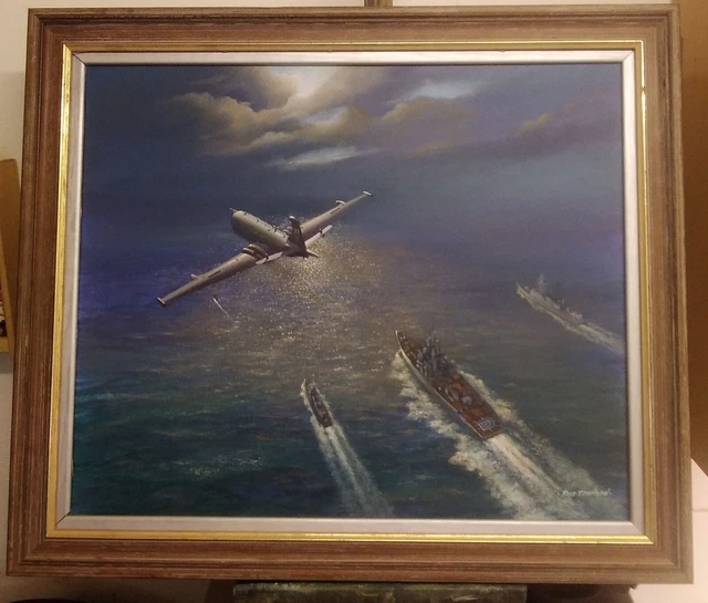 NIMROD MR2 OVER Soviet naval units, Original oil on canvas, framed P&P ...