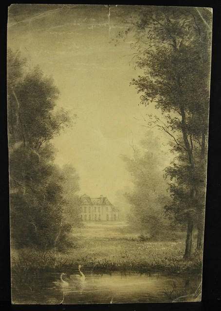 AUGUSTE ELONGATED DRAWING Original Charcoal Castle Of Melle Beauvais ...