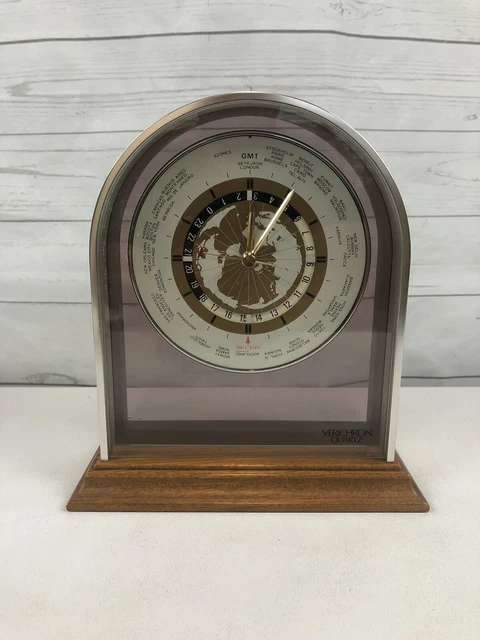VINTAGE VERICHRON GMT WORLD TIME QUARTZ MANTEL CLOCK RED ARROW SECOND ...