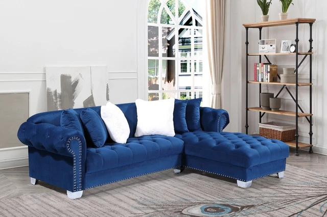 LUXURY CHESTERFIELD CORNER Sofa Fabric/Velvet Grey Blue Black Left ...