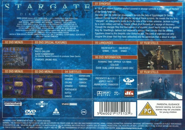 STARGATE (1994) DIRECTOR'S Cut DVD, Kurt Russell, James Spader, [Region ...