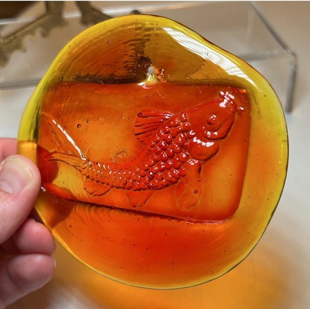 VINTAGE BLENKO SUNCATCHER Amberina Cadmium Glass Koi Fish Ornament ...