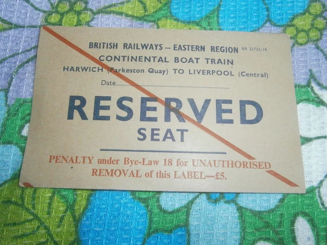 RARE VINTAGE BRITISH Railways Seat Reservation Card - Continental Boat ...