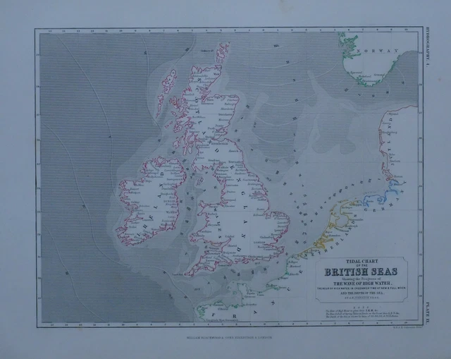 1850 HAND COLOURED Map Tidal Chart British Seas Wave Of High Water Sea ...