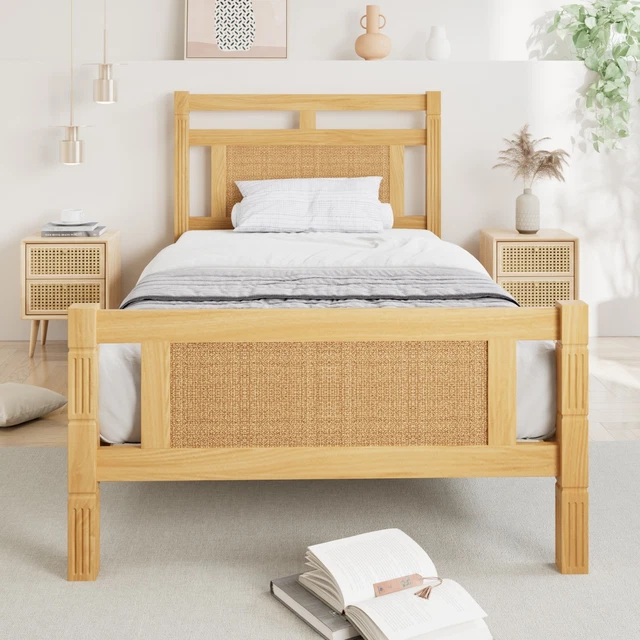 WOODEN BED FRAME 3ft Single Bed Pine Wood with Rattan Headboard ...