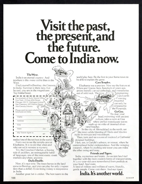 1972 ILLUSTRATED MAP of India "Past Present Future" India Tourism promo ...