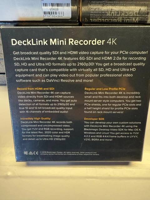 BLACKMAGIC DESIGN DECKLINK MINI RECORDER 4K/ULTRA HD 6G-SDI PCIE ...