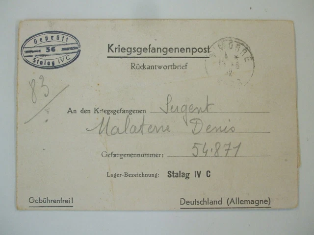 LETTRE PRISONNIER DE guerre, STALAG IVc 56, 14/6/1942, "rückantwotbrief ...