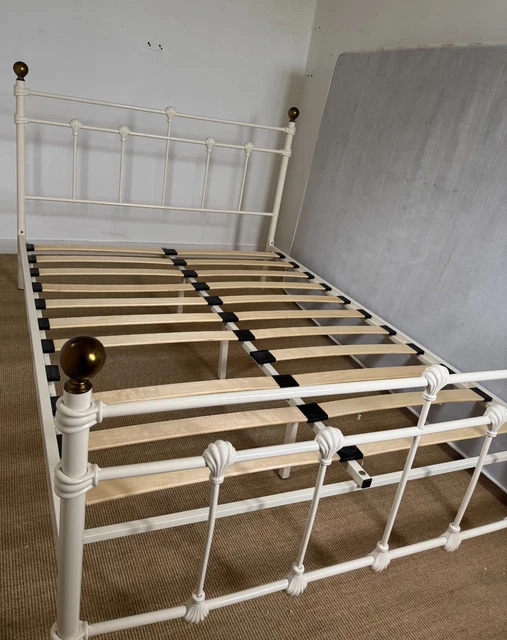 ANTIQUE STYLE CREAM metal double bed frame with brass knobs and wooden ...