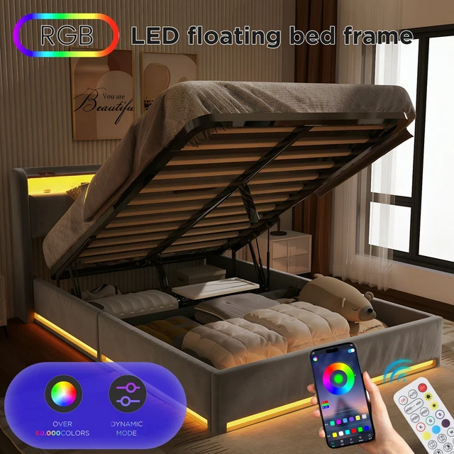 UPHOLSTERED 4FT6 DOUBLE Bed Frame with Hydraulic Lift & 7 Colors LED ...