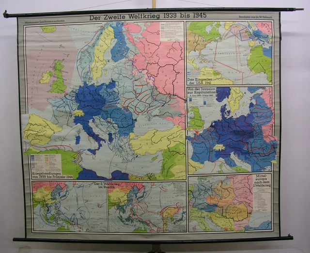 SCHOOL WALL MAP old map The Second World War Europe world WW2 1954 ...