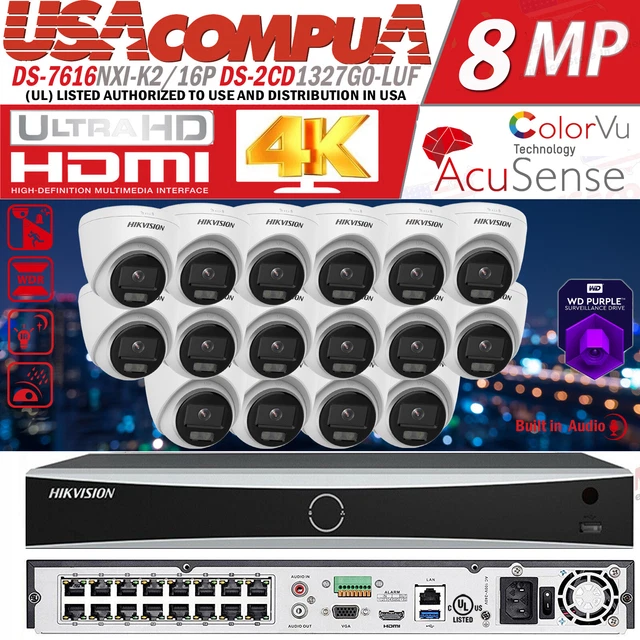 SISTEMA DE CÁMARA Hikvision 8MP 16CH NVR DS-7616NXI-K2-16P ColorVu 2MP con lote de audio EUR 677 ...