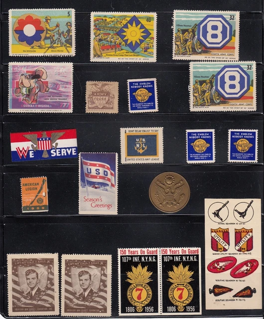 WORLD WAR II Era Poster Stamps Insignias USO Army Frank "Spirit of 42 ...