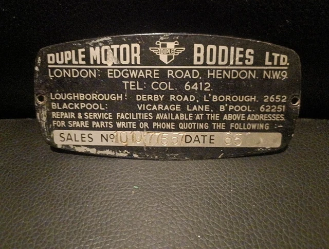 OLD VINTAGE 1965 Duple Motor Bodies Ltd Bus Coach Chassis Plate £25.00 ...