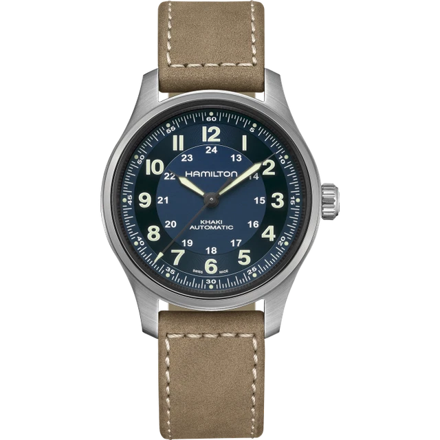 HAMILTON KHAKI FIELD Titanium Auto Blue Dial Leather Band Men's Watch ...
