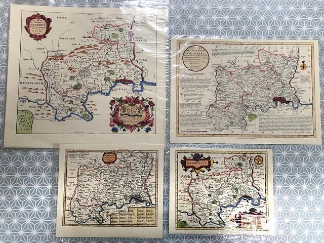 4 X SMALL Barnet Libraries 'antique' Maps of Middlesex beautifully hand ...
