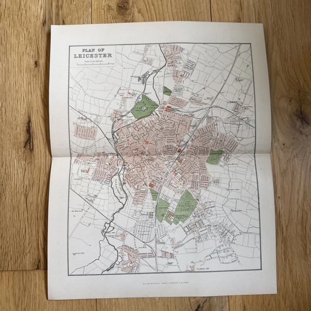 1894 VINTAGE ANTIQUE CITY Town Plan Map of LEICESTER In colour ...