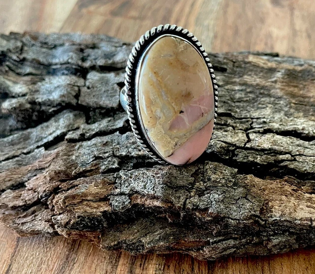 SIZE 8.5 PERUVIAN Pink Opal Gemstone Handcrafted Ring Sterling Silver ...