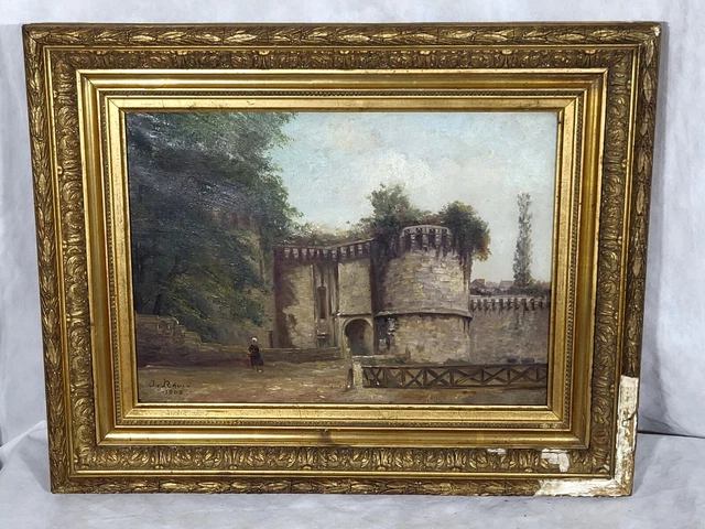 TABLEAU ANCIEN SIGNÉ J. RAULT. Paysage Animé. Peinture huile sur toile ...