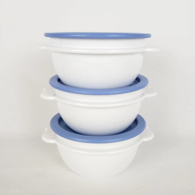 TUPPERWARE ONE TOUCH White Bowls (3) W/ Blue Lids Butterfly #2514A-2 ...