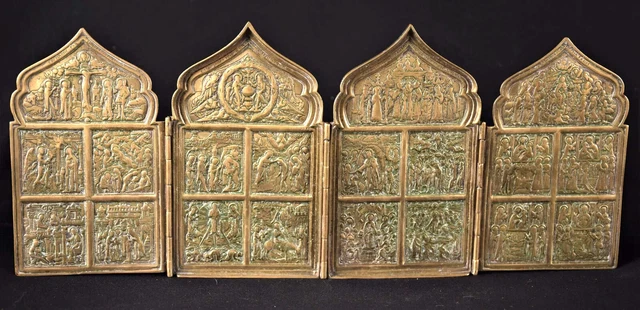 ALTE GROSSE IKONE Bronze Russland Feiertage Reiseikone Tetraptychon 4 teilig EUR 350,00 ...