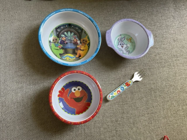 TELETUBBIES MELAMINE BOWL Baby Bugs Elmo Fork Zak Designs Vtg Lot Of 3 ...