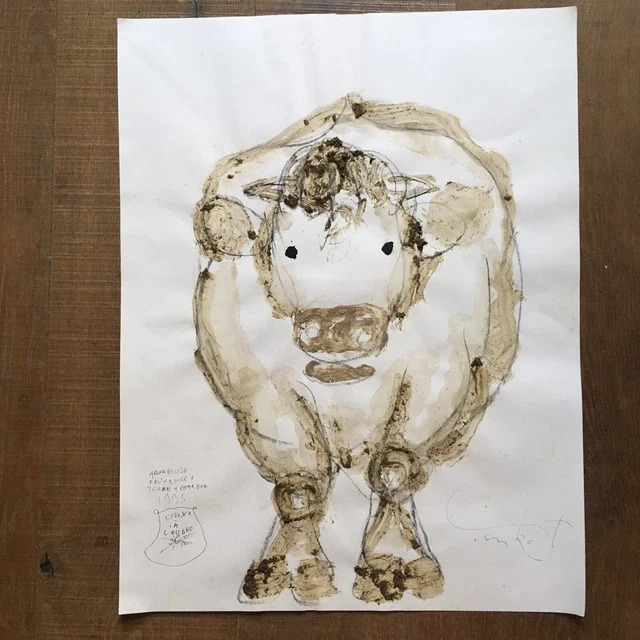 VERY BEAUTIFUL DRAWING Painting Watercolor Paper Cow Bull 1995 ...
