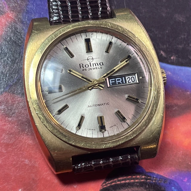 ROLMA MENS VINTAGE 25 Jewels Automatic Gold Plated Watch On Leather ...