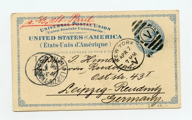 USA 1896 POSTAL Card UX6 2c Shipmail New York to Leipzig Germany #2 $4. ...