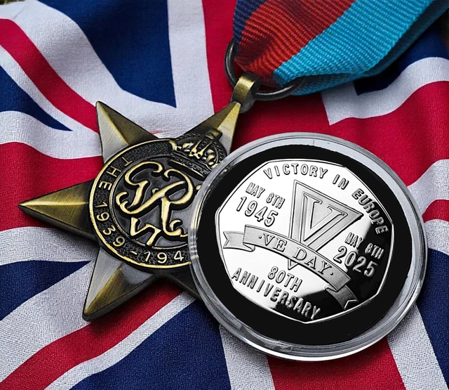 VE DAY 80TH Anniversary Silver Commemorative Coin & 1939-45 Star Medal ...