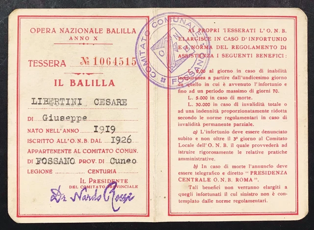 TESSERA OPERA NAZIONALE BALILLA ONB PNF. A. X Cuneo IL BALILLA c.4525 ...