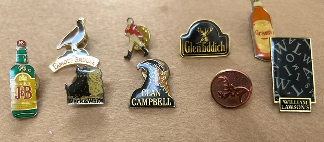 WHISKY DISTILLERY 9 Pin Badges J&B, Glenfiddich, Famous Grouce, Black ...