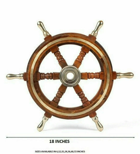 ROUE DE BATEAU pirate en laiton marron à six rayons en bois 18" direction cap... EUR 78,02 ...