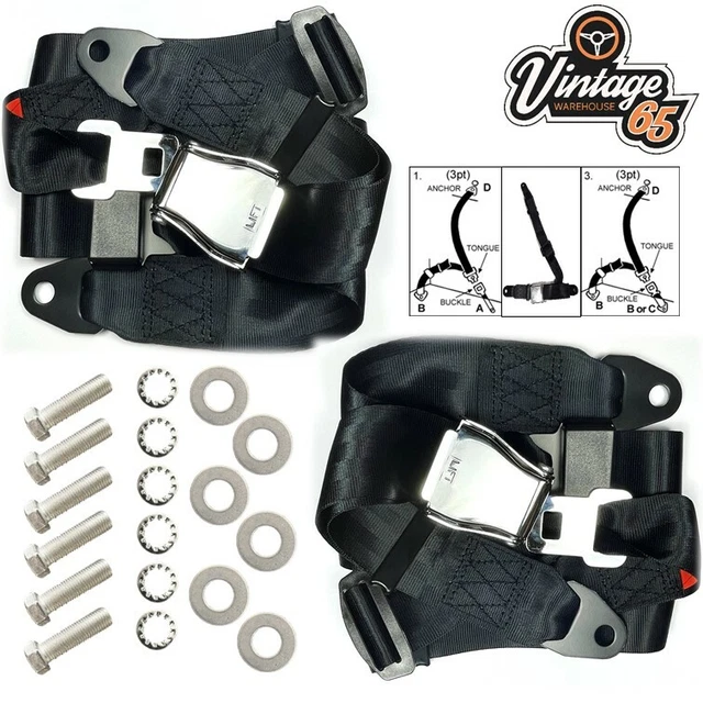 CLASSIC AUSTIN MINI Black Chrome Buckle 3 Point Adjustable Static Seat ...
