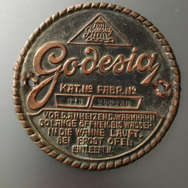 PLAKETTE GODESIA - alt antik Typenschild Badeofen Firma / Bad Godesberg ...