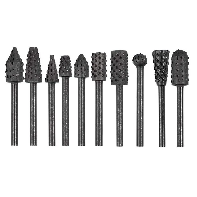 10 PC 1/8IN Shank Rotary Burr Rasp Set Carbon Steel Wood Carving File ...