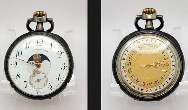 ANTIQUE SWISS CALENDRIER Brevet Calendar Moon Phase Pocket Watch AS IS ...
