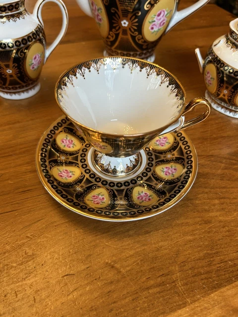 RARE VINTAGE SOVEREIGN Fine China Tea Set- Black, Gold & Rose Design ...