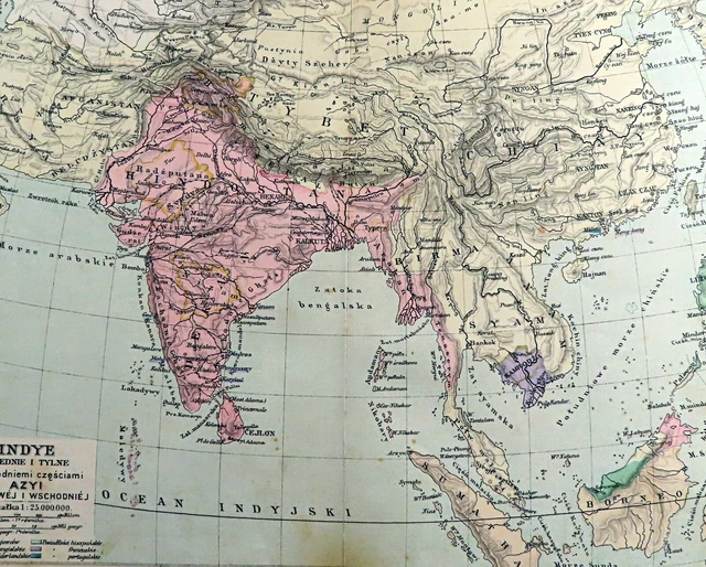 POLISH MAP OF India Burma Siam Ceylon China Tibet Asia Far East Antique ...