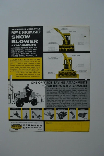 VERMEER SNOW BLOWER 1960s dealer sheet brochure - English - Canada $15. ...